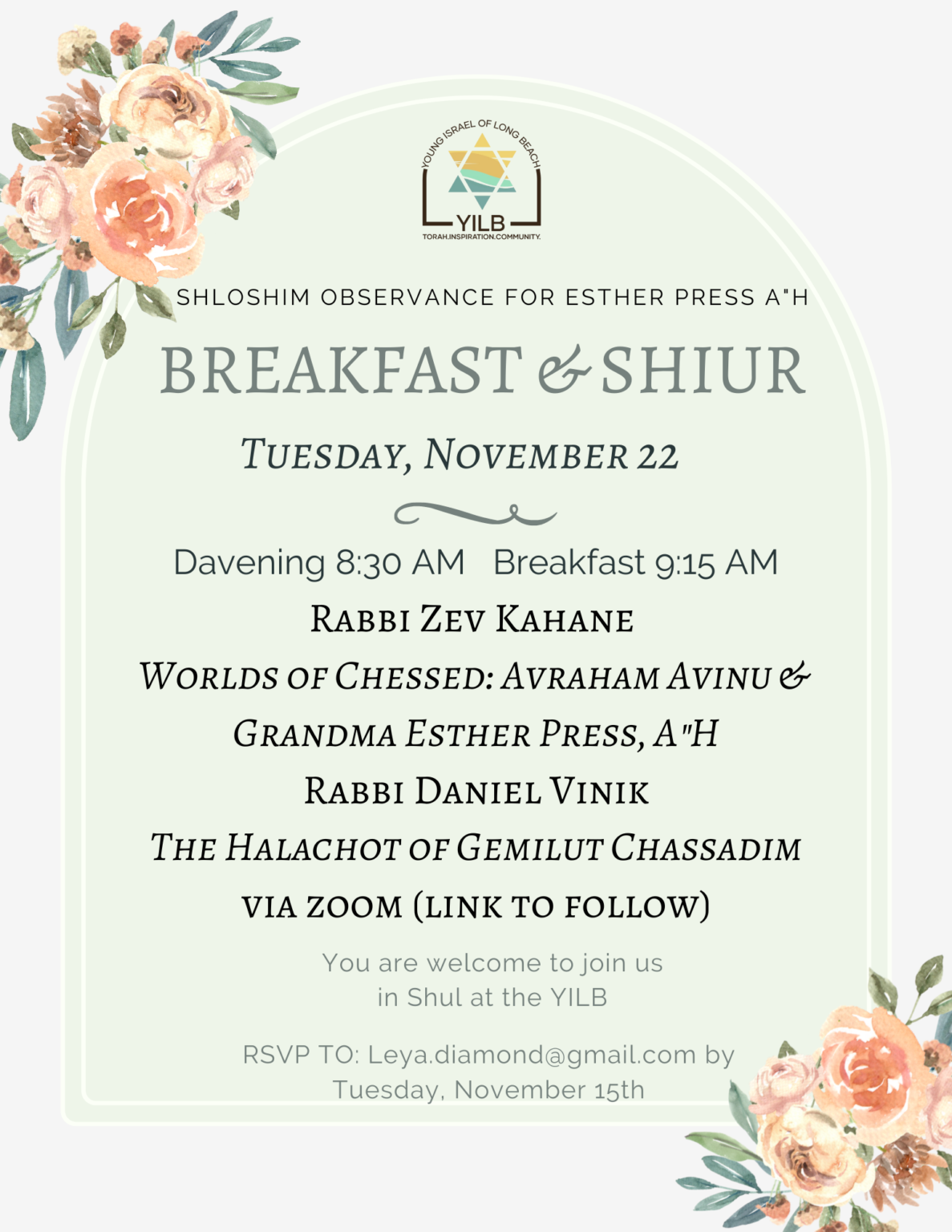 Shloshim Breakfast & Shiur in Memory of Mrs. Esther Press a”h - Young ...